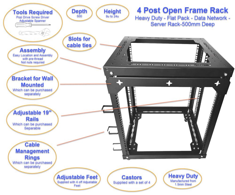 AD-TEK (Network-Cabs) 9u 4 Post Open Frame Rack - 19 inch - Heavy Duty ...