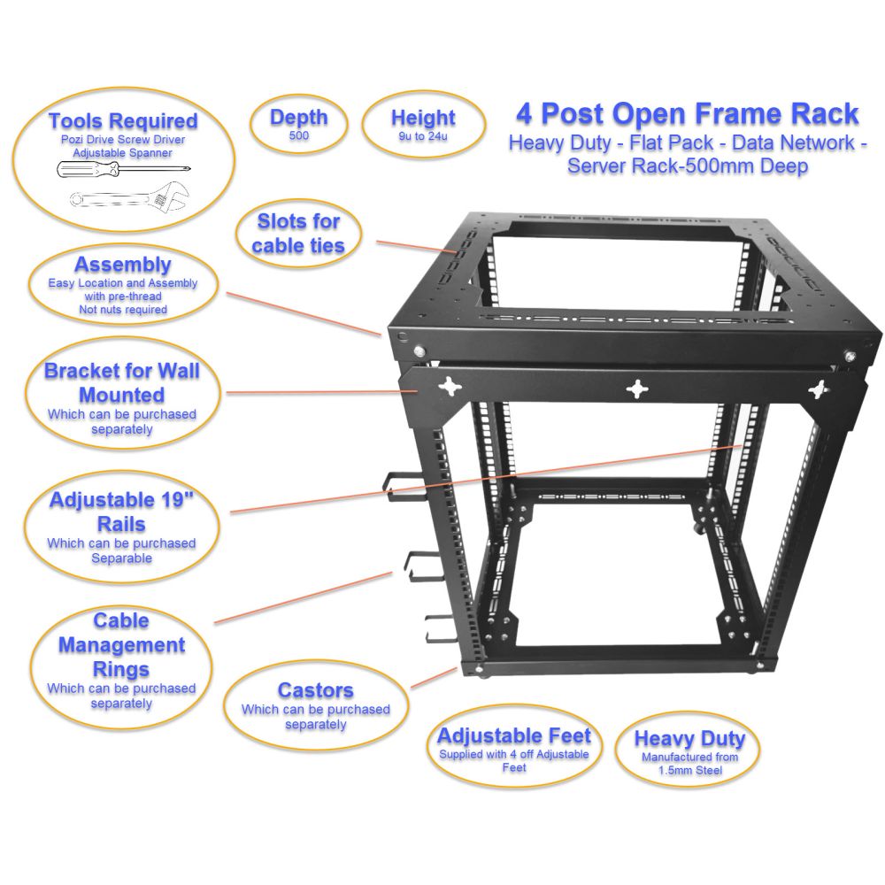 AD-TEK (Network-Cabs) 24u 4 Post Open Frame Rack - 19 inch - Heavy Duty ...