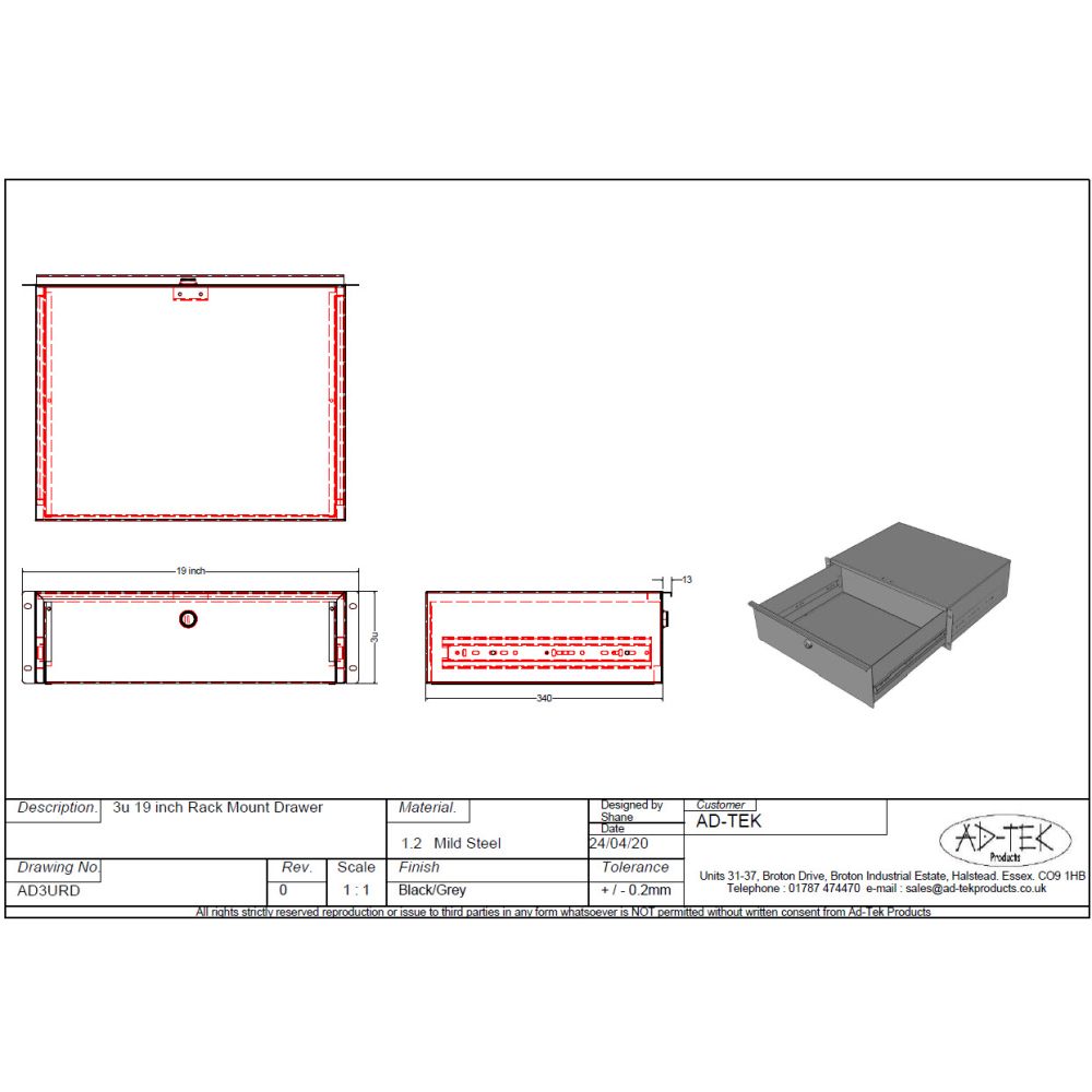 AD-TEK (Network-Cabs) 3U 19 inch Rack Mount Drawer - 340mm Deep - Black ...